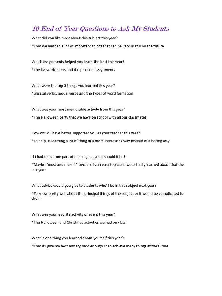 10 End of Year Questions to Ask My Students | PDF