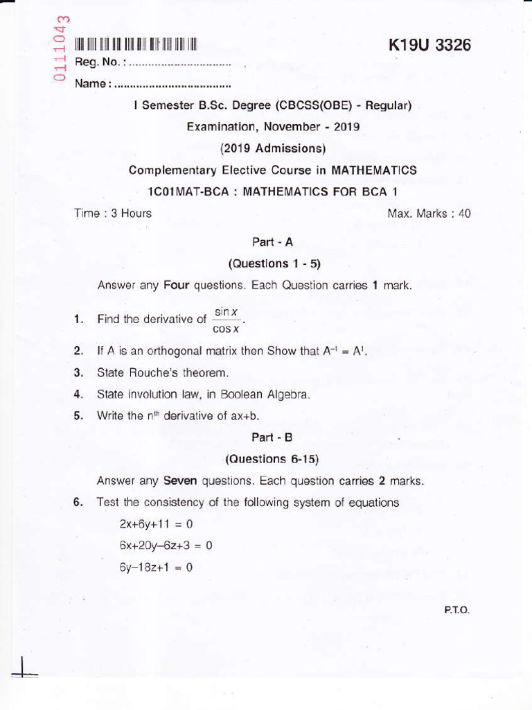KU BCA 1 SEM Mathematics For Bca-I - NOV-2019 | PDF | Mathematics ...
