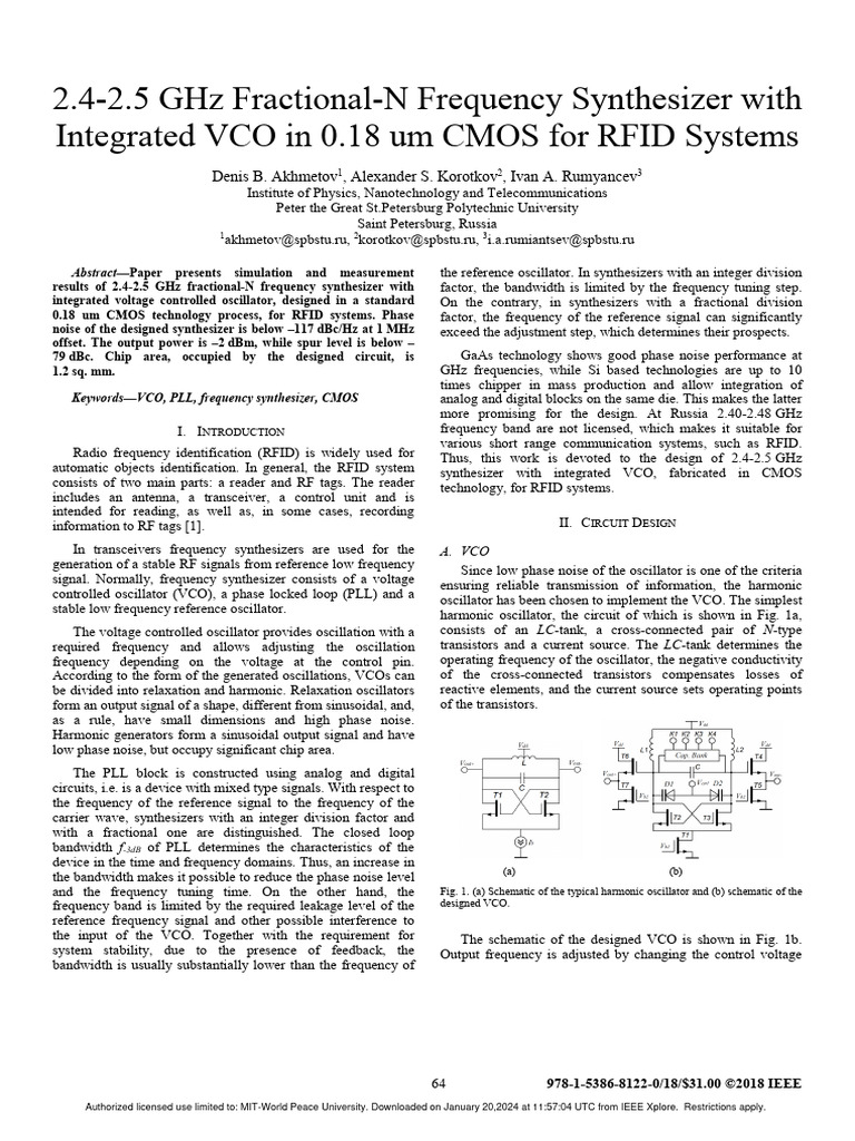 2 4 2 5 Ghz Fractional N Frequency Synthesizer With Integrated Vco In 0 18 Um Cmos For Rfid