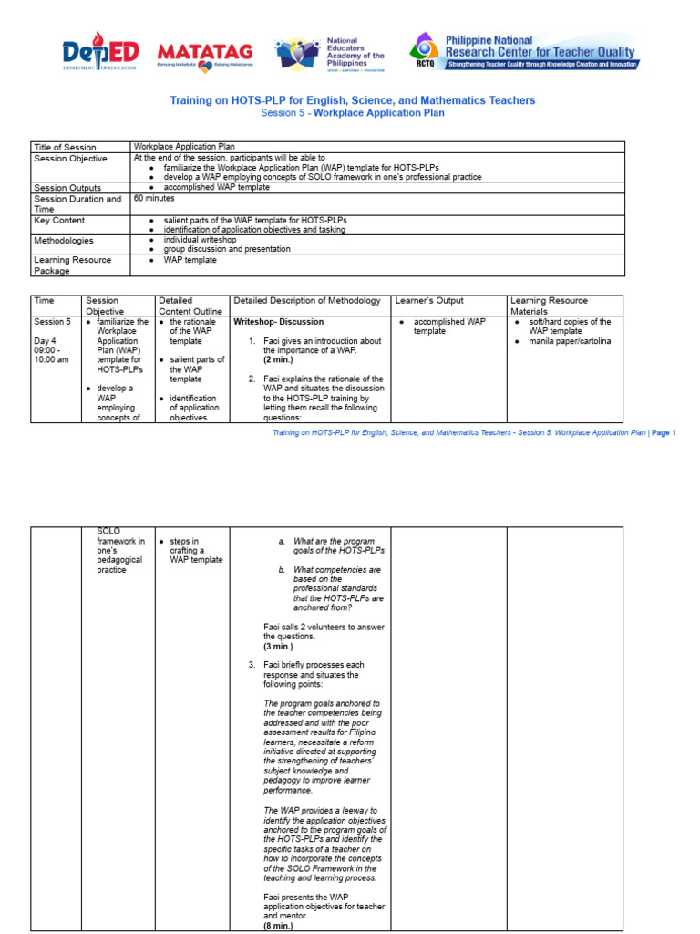 S5 - SG - Workplace Application Plan | PDF | Mentorship | Teachers