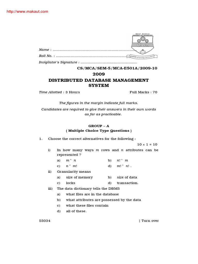 Mca 501a Distributed Database Management System V2 2009 Pdf Databases Replication Computing
