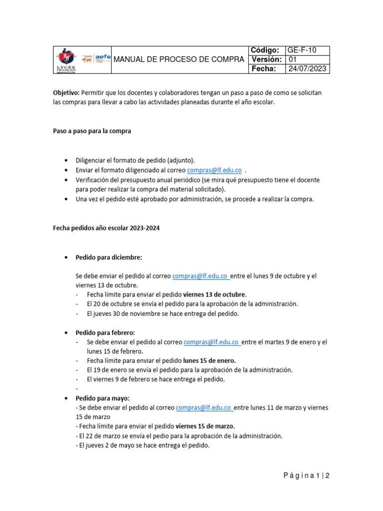 Manual de Proceso de Compras 2023-2024 | PDF
