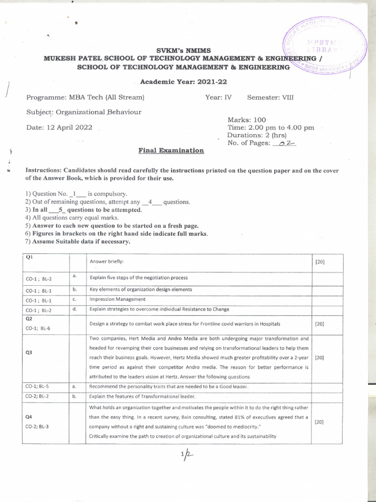 Organizational Behaviour Sem8 Final 2021-22 7JIu2mqVot | PDF