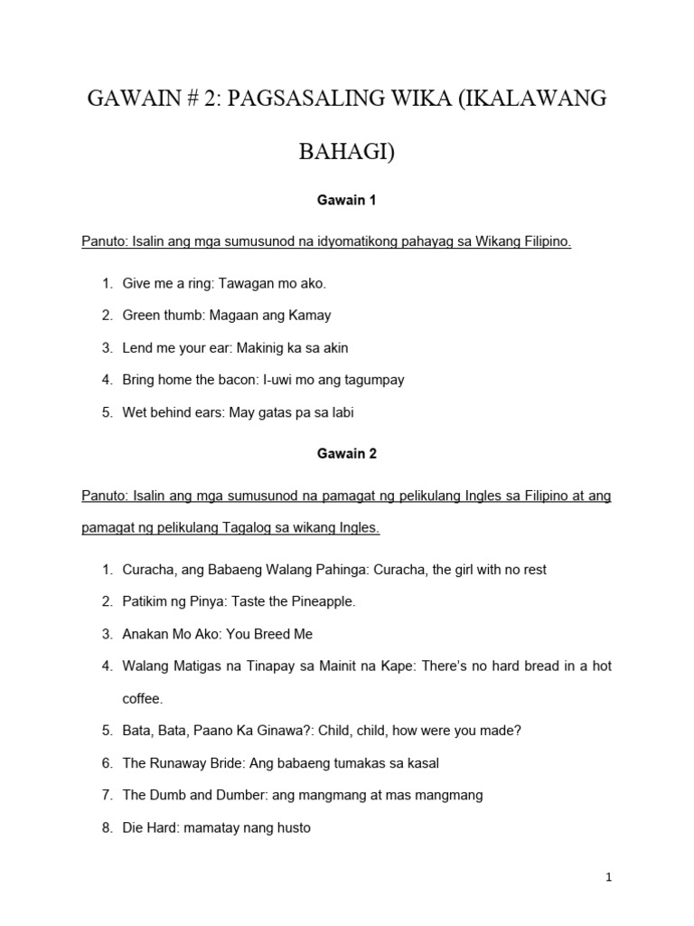 Gawain # 2 - Pagsasaling Wika (Ikalawang Bahagi) | PDF