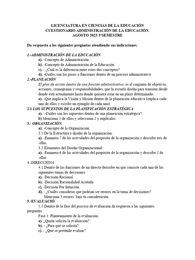 Cuestionario Administración Educativa 2023 | PDF | Planificación ...