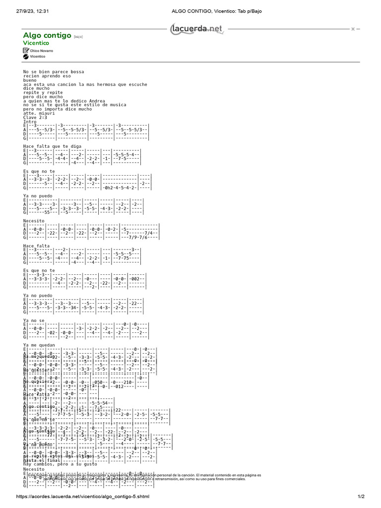 ALGO CONTIGO, Vicentico - Tab P - Bajo. | PDF