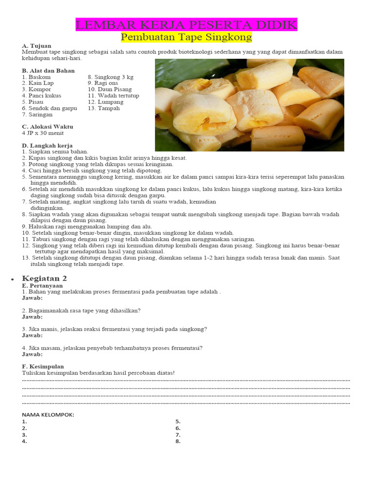 LKPD Pembuatan Tape Singkong | PDF