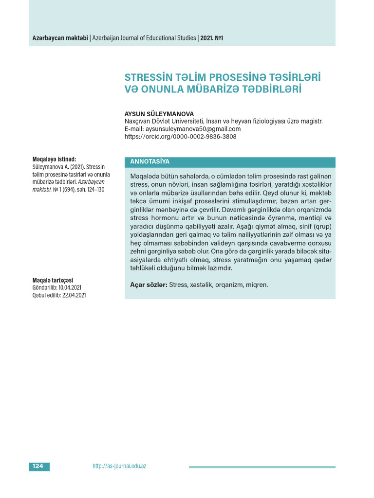 Stressin Təlim Prosesinə Təsirləri VƏ Onunla Mübarizə Tədbirləri | PDF