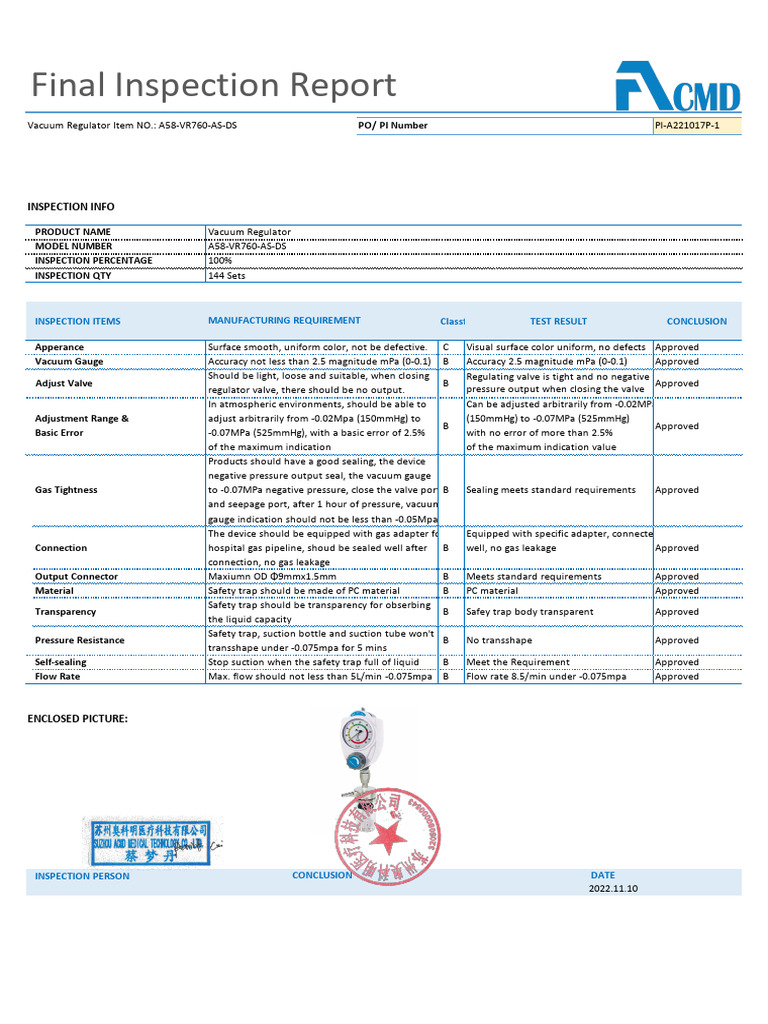 Vacuum Regulator Final Inspection Report | PDF | Vacuum | Pressure ...