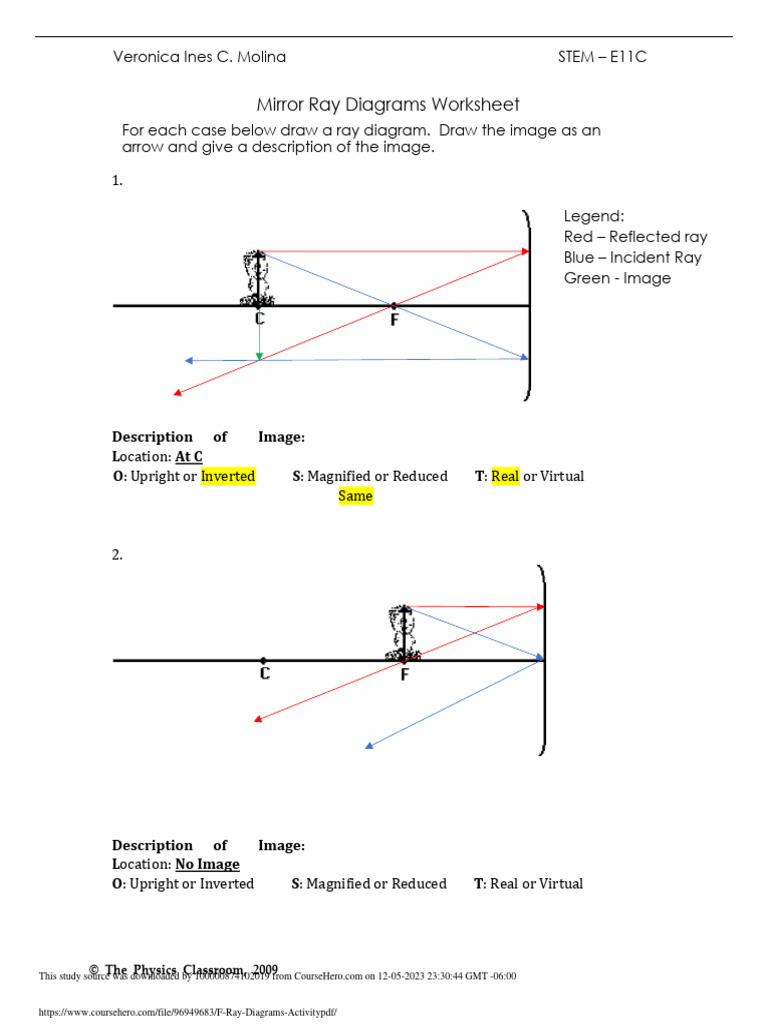 Mirror Ray Diagrams Worksheet | PDF | Electromagnetism | Optics