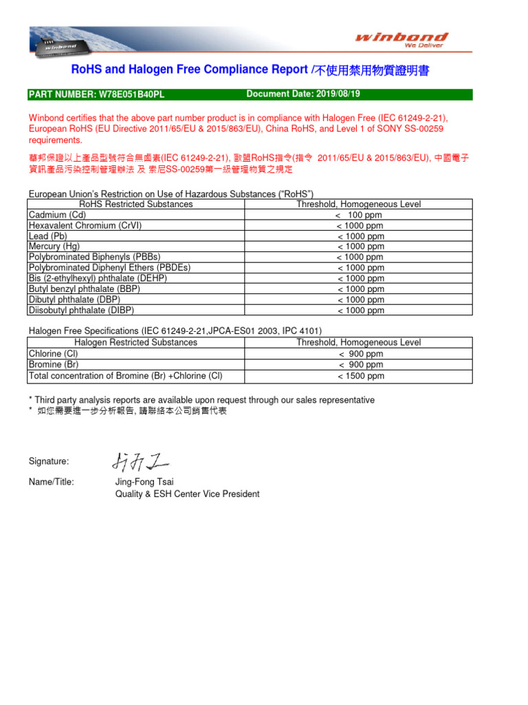 Halogen Free Compliance Report W78E051B40PL | PDF