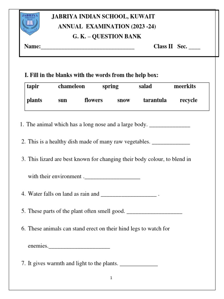 Class II GK Exam Worksheet | PDF