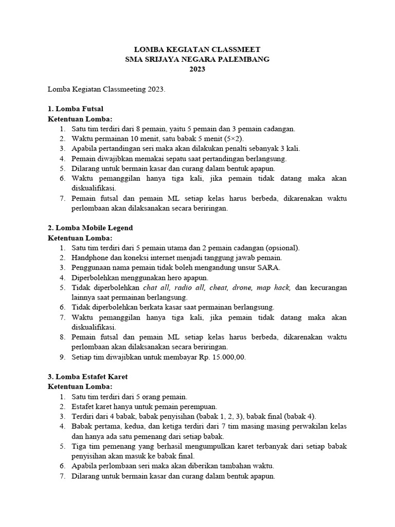 Ketentuan Lomba Classmeeting 2023-4 | PDF