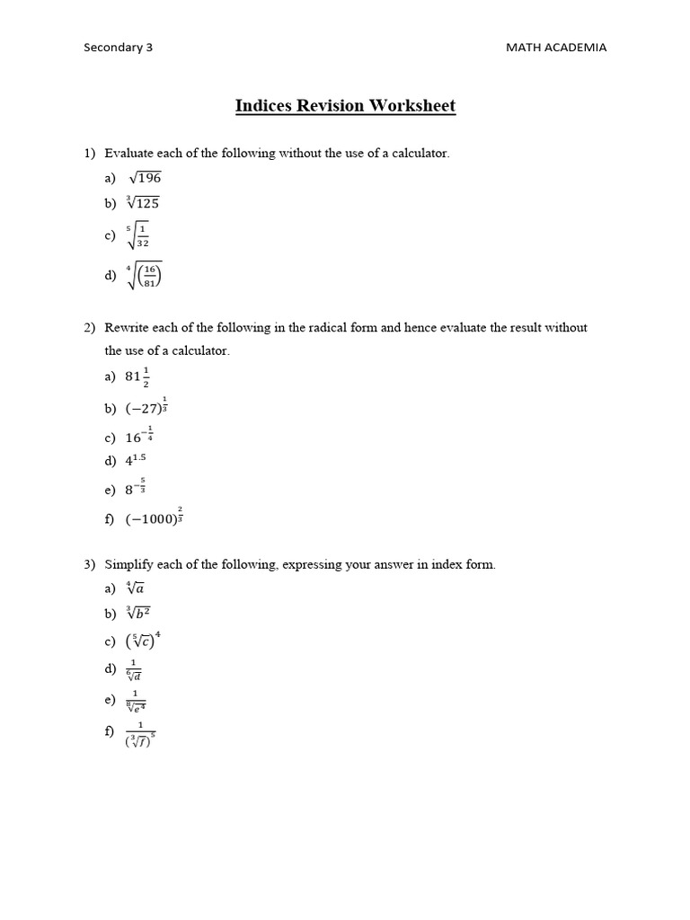 S3 Indices Revision Worksheet | PDF