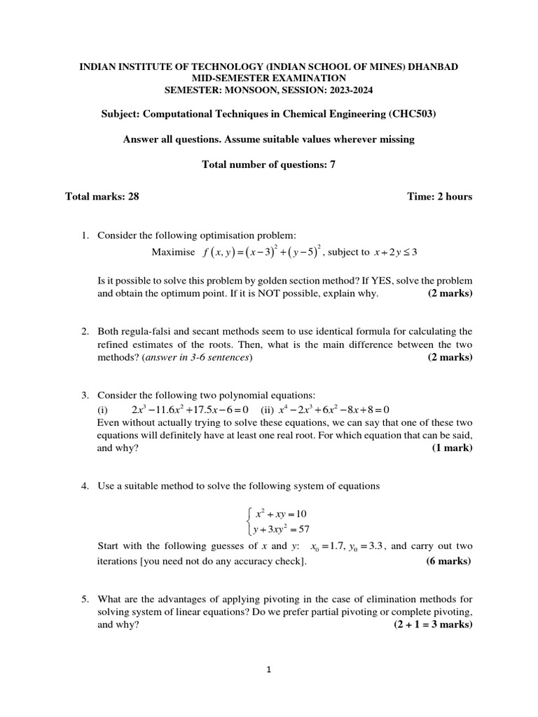 Question Paper For Mid-Semester Examination 2 | PDF | Matrix (Mathematics) | Algebra
