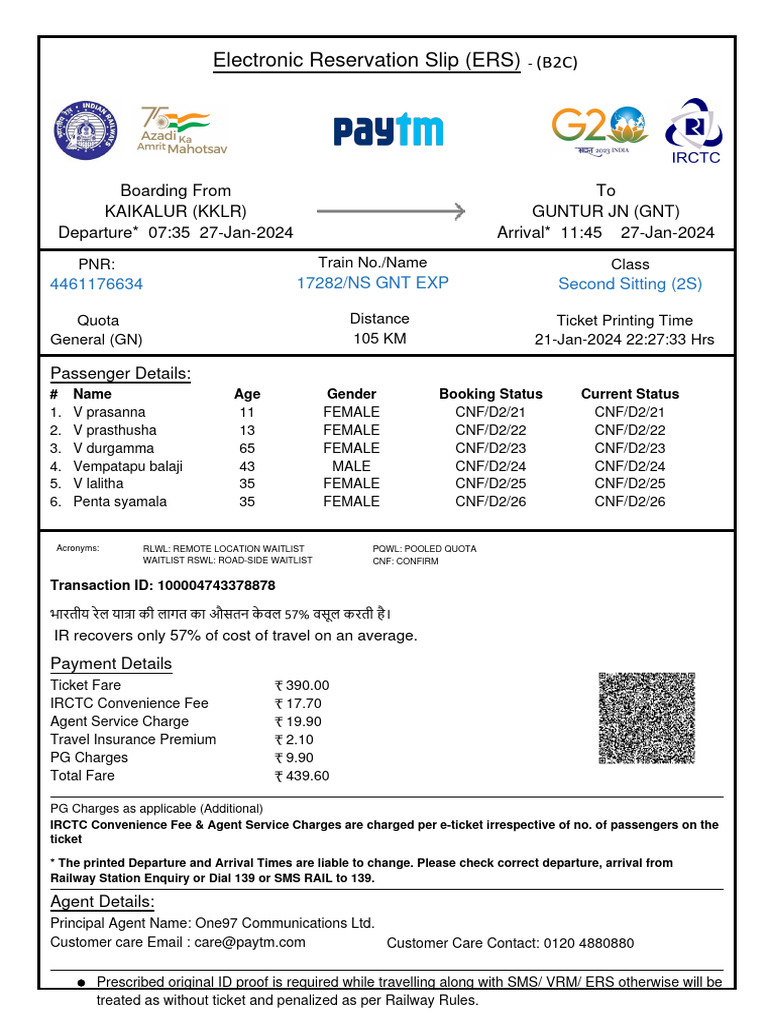 Electronic Reservation Slip (ERS) | PDF | Identity Document