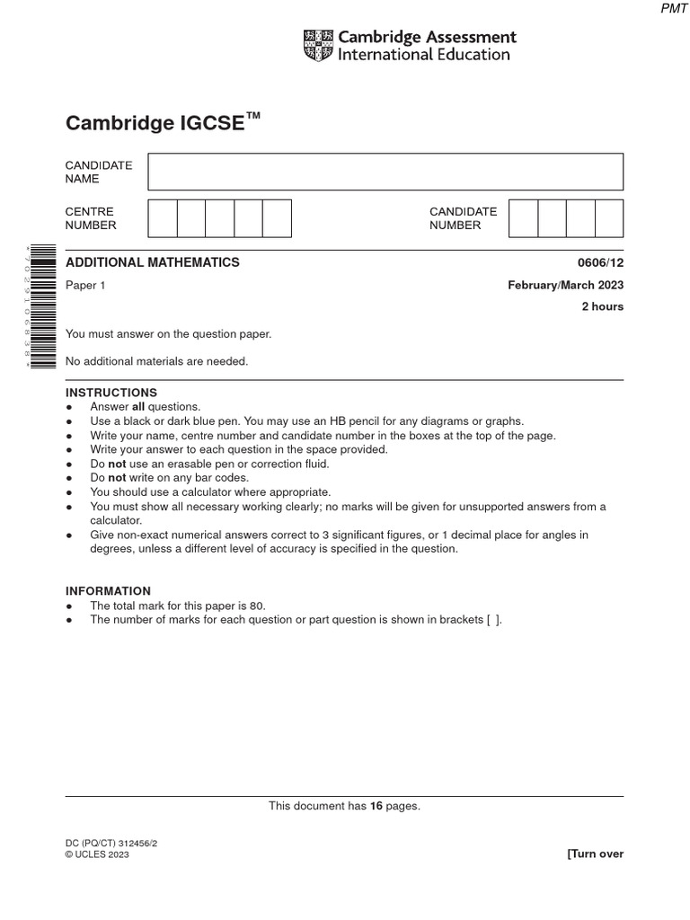 March 2023 (v2) QP - Paper 1 CAIE Additional Maths IGCSE | PDF
