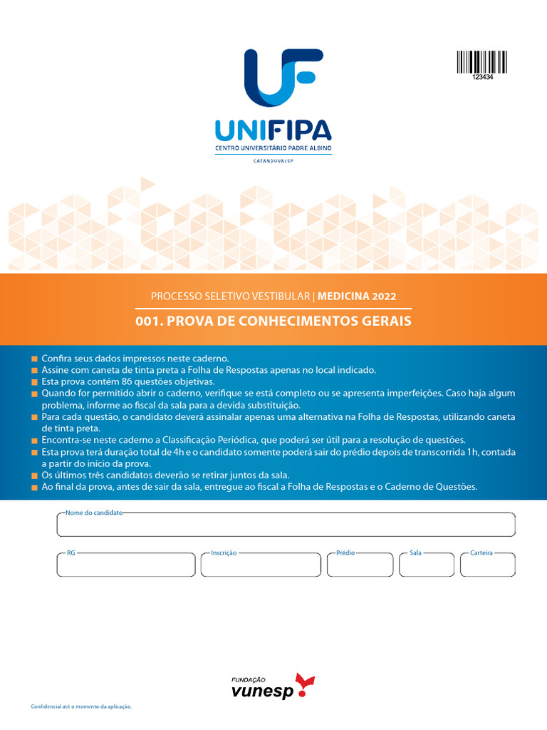 Fameca - Unifipa 2022-1 Med. Catanduva - Provas I e II Com Gabarito ...