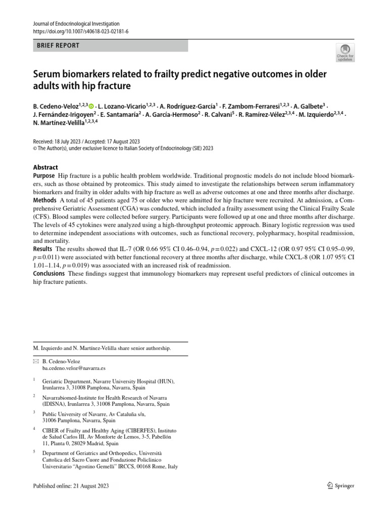 Serum Biomarkers Related To Frailty Predict Negative Outcomes in Older Adults With Hip Fracture ...