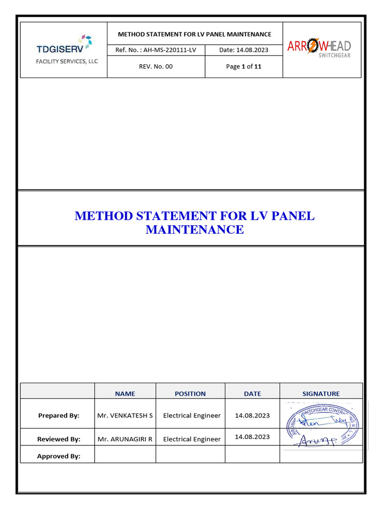 Method of Statement For LV Panel Maintenance | PDF | Personal Protective Equipment | Thermography