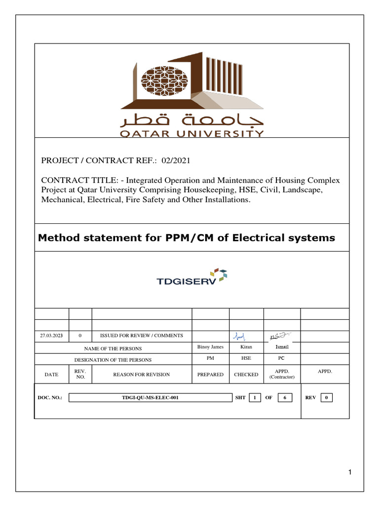 Method Statement For PPMCM of Electrical Systems | PDF | Occupational ...