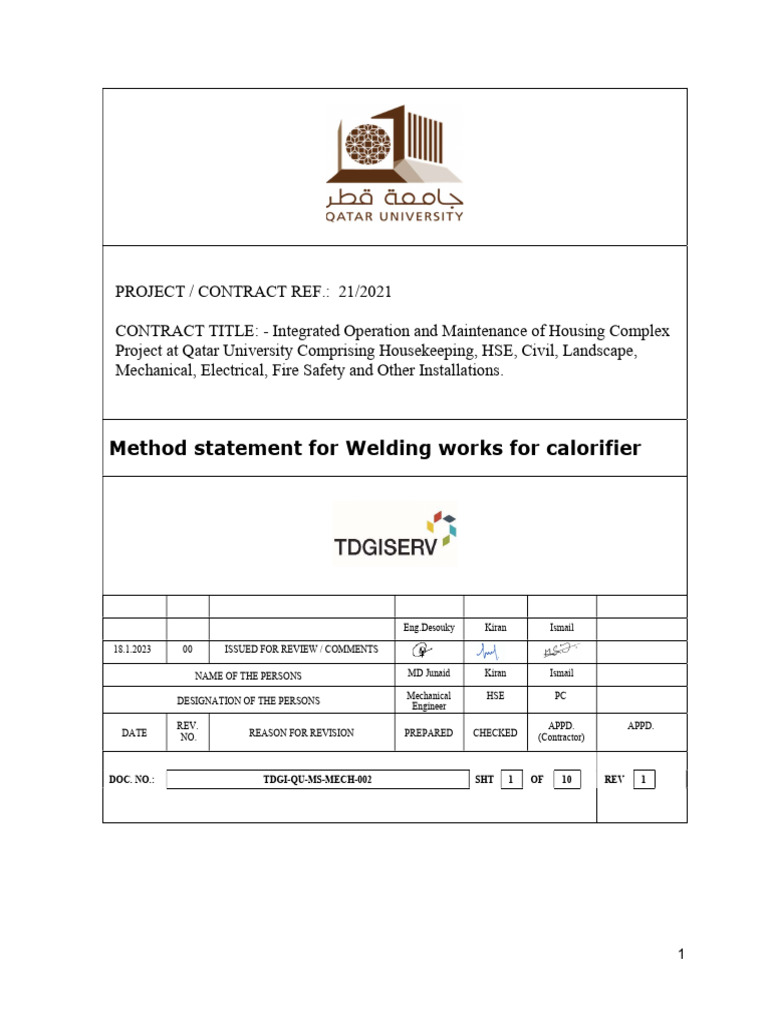 Mos - Method Statement For Welding Works For Calorifier | PDF