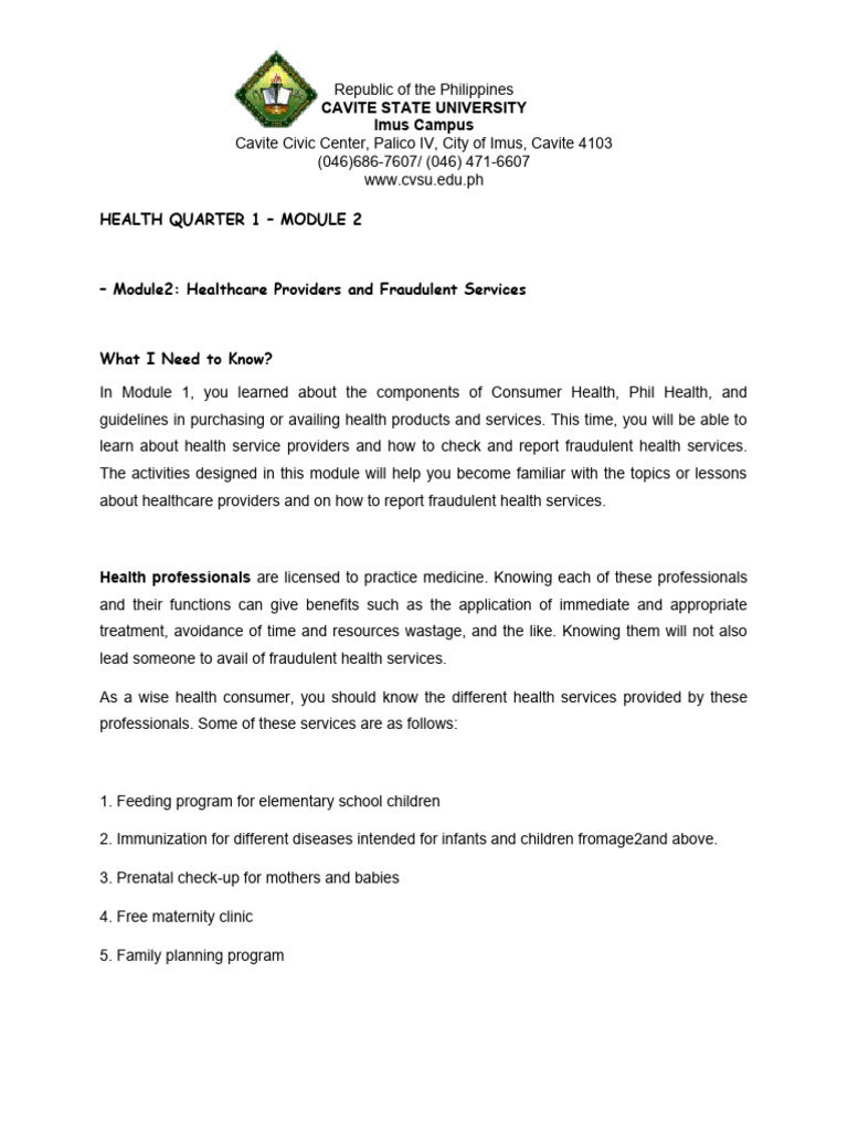 HEALTH QUARTER 1 Module 2 | PDF | Health Care | Hospital