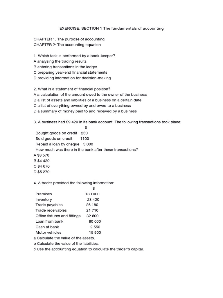 Exercise Section 1 Pdf Debits And Credits Balance Sheet