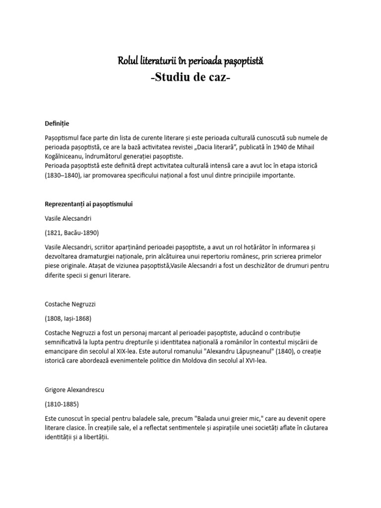 Rolul Literaturii În Perioada Pașoptistă-Studiu de Caz | PDF