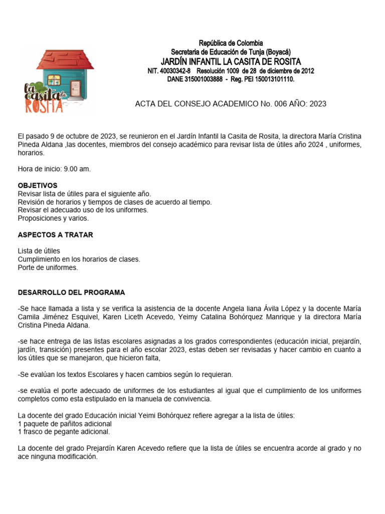 Actas 006 Consejo Academico | PDF | Educación de la primera infancia