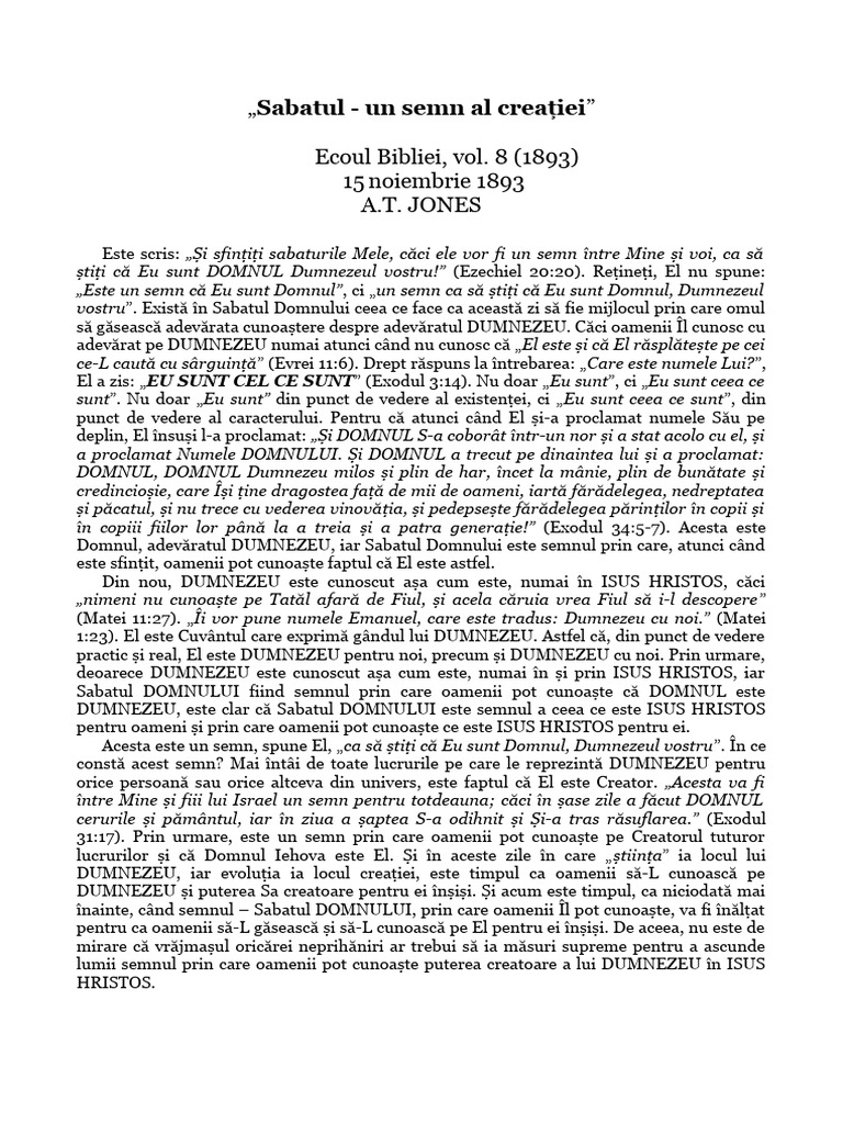Sabatul, Un Semn Al Creației - Jones | PDF