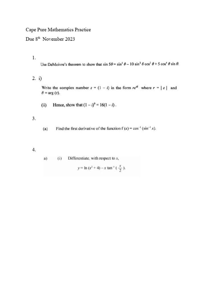 Cape Pure Mathematics Practice Exercise | PDF