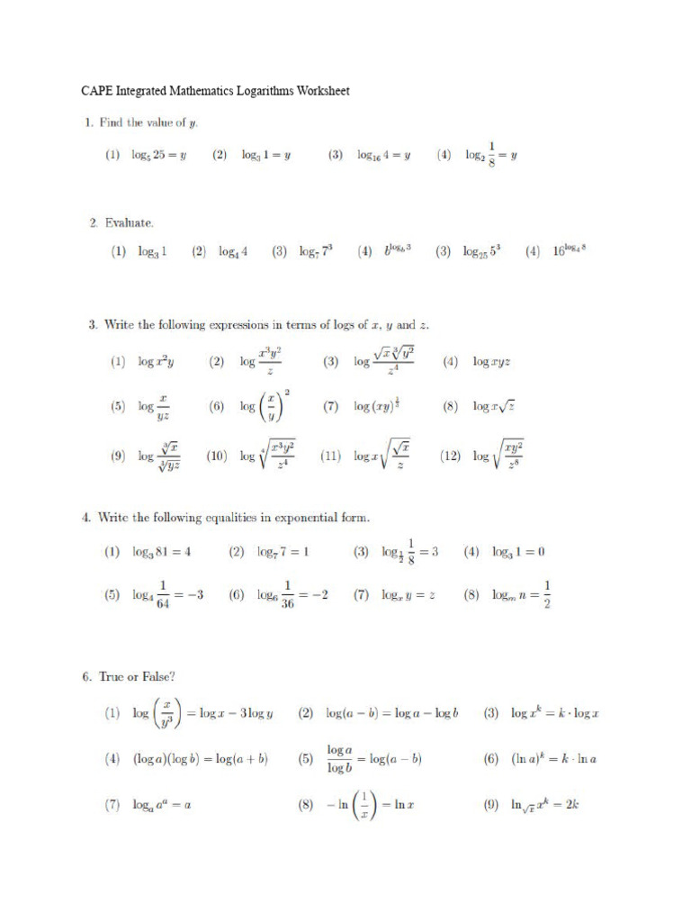 CAPE Integrated Mathematics Logarithms Worksheet | PDF CAPE Integrated Mathematics Logarithms Worksheet | PDF