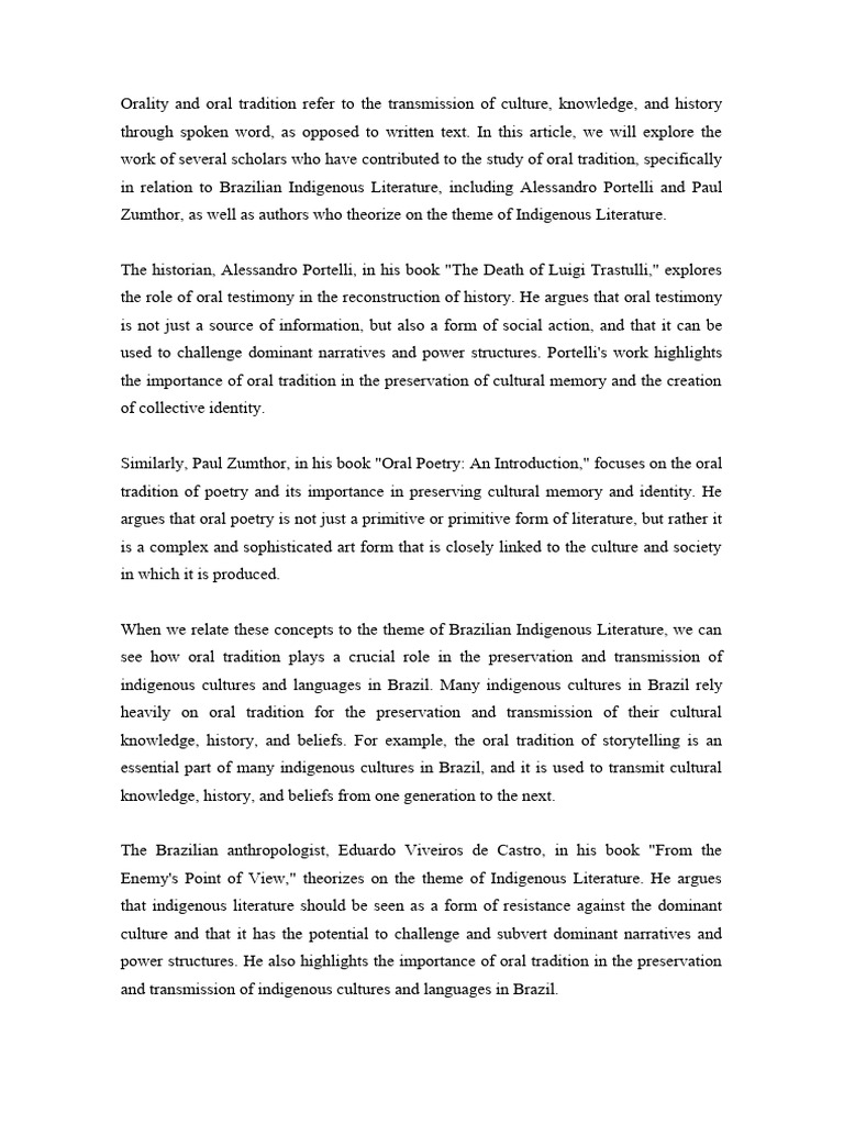 Orality and Oral Tradition Refer To The Transmission of Culture | PDF