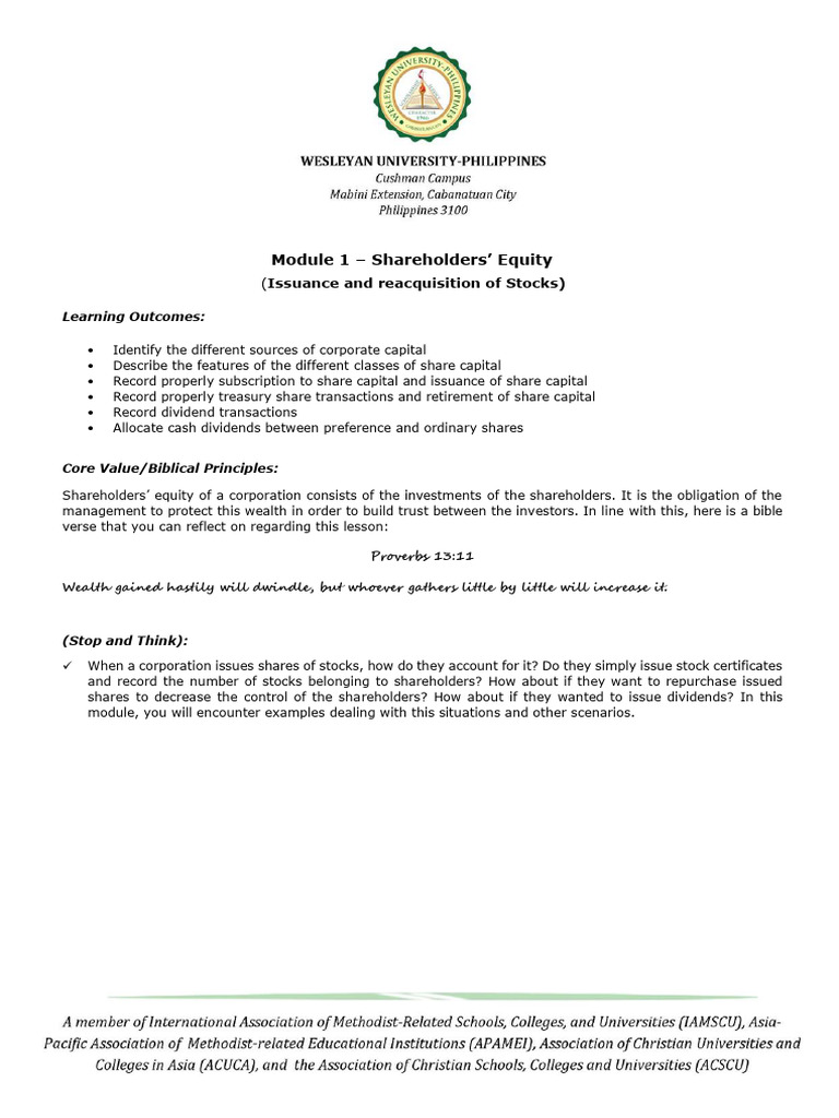 Module 1 Shareholders Equity | PDF | Treasury Stock | Stocks