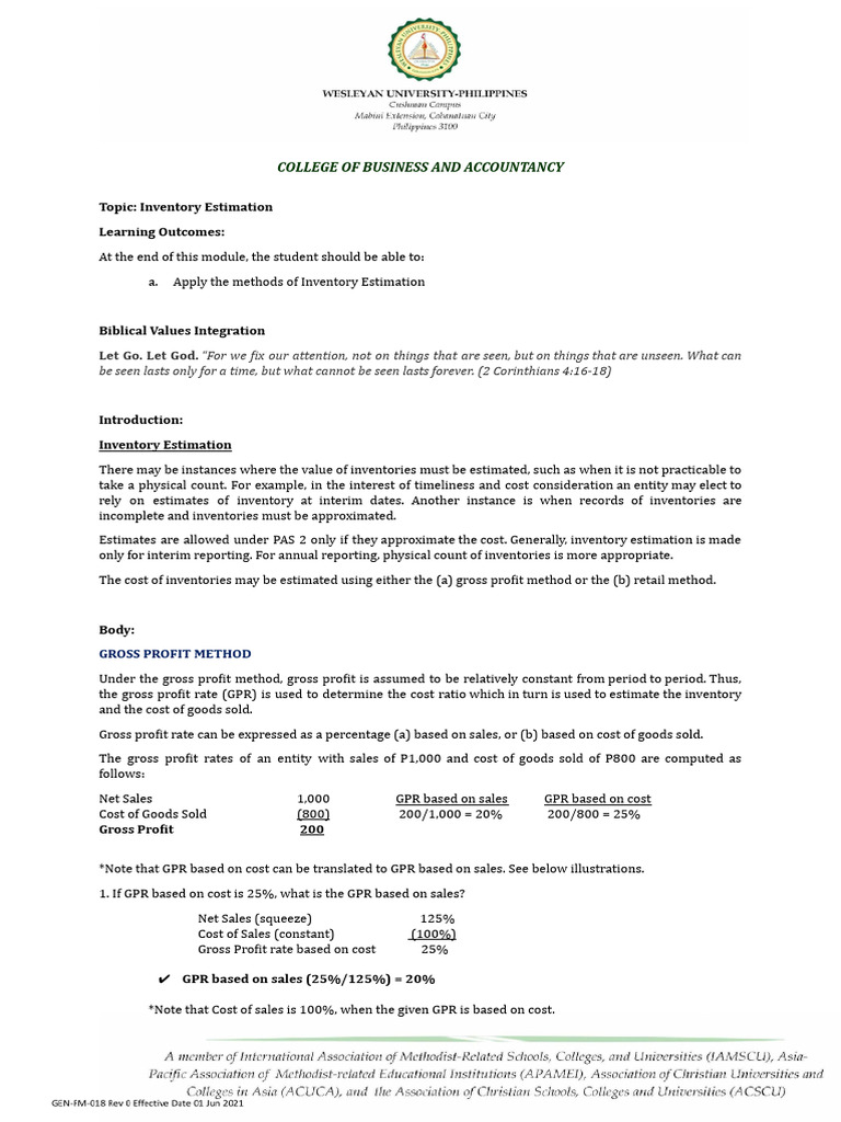 Module 8 - Inventory Estimation | PDF | Cost Of Goods Sold | Inventory