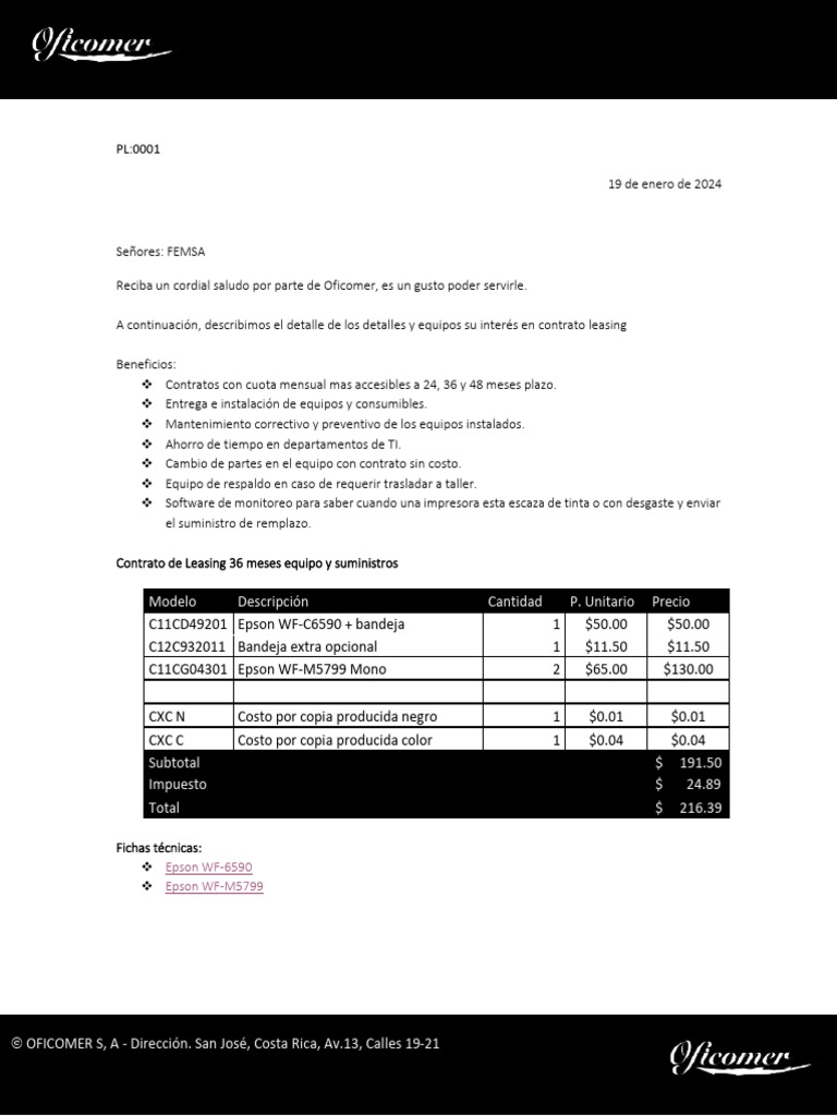 Propuesta Leasing 0001 FEMSA | PDF