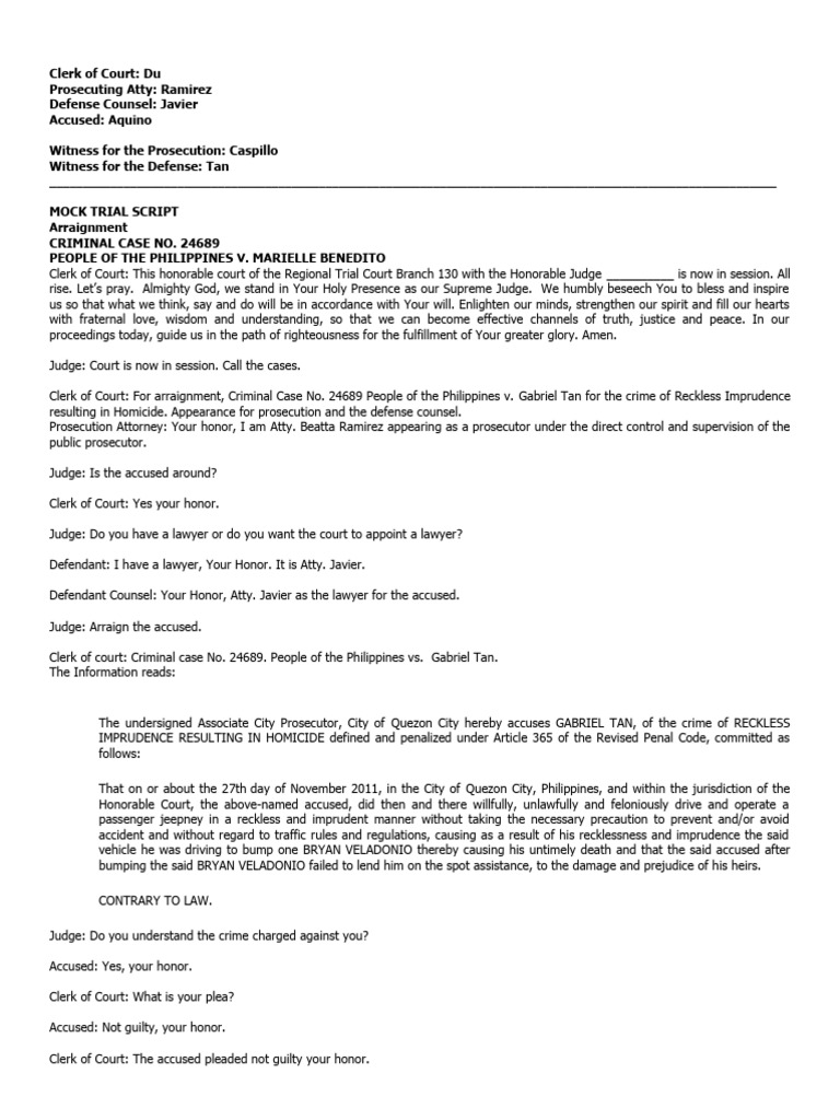 Group 1 Prac Court Mock Trial Script | PDF | Plea | Psychiatry