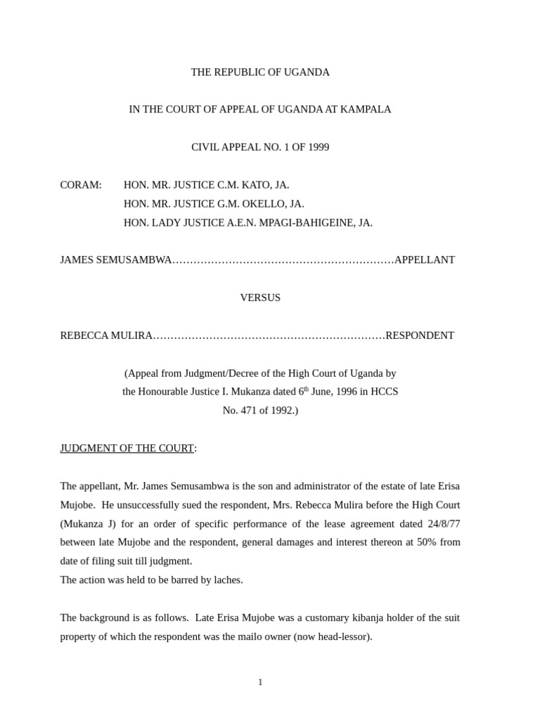 James Semusambwa V Rebecca Mulira (Civil Appeal No 1 of 1999) 1999 UGCA 4 (12 August 1999) | PDF ...