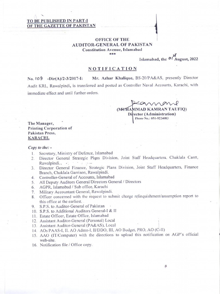 Notification Iro MR Azhar Khalique Bs 20 Officer | PDF