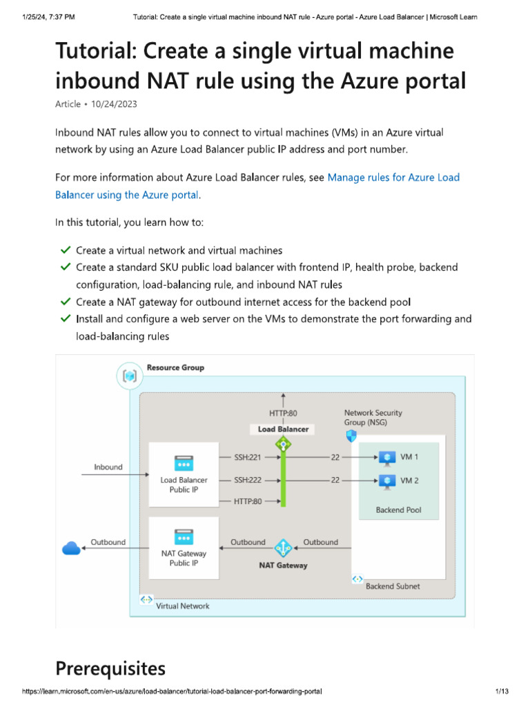Create A Single Virtual Machine Inbound NAT Rule Using The Azure Portal ...