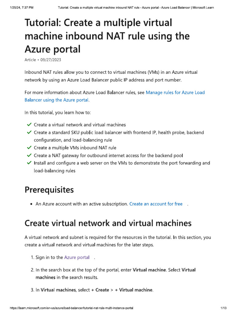 Create A Multiple Virtual Machine Inbound NAT Rule Using The Azure Portal | PDF