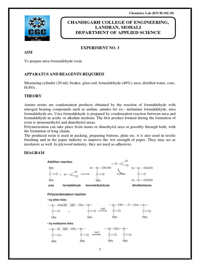 EXP 3 Urea-Formaldehyde | PDF | Urea | Formaldehyde