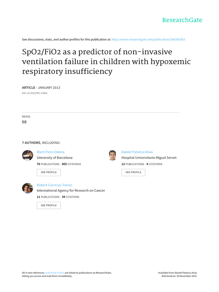 SpO2FiO2 As A Predictor of Non-Invasive Ventilation Failure in Children ...