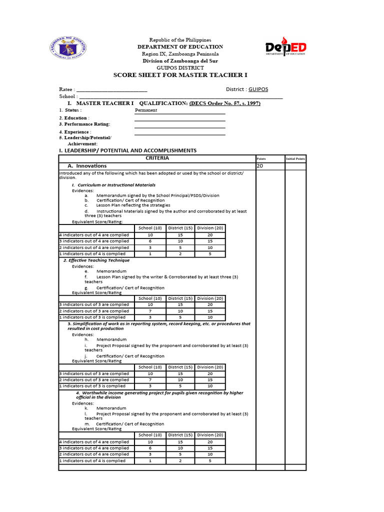 Scoresheet MT 1 | PDF | Teachers