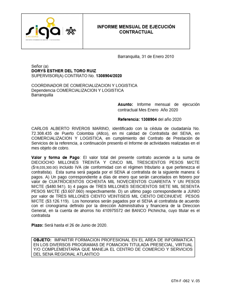 GTH-F-062 V05 Formato Informe Mensual de Ejecución Agosto | PDF