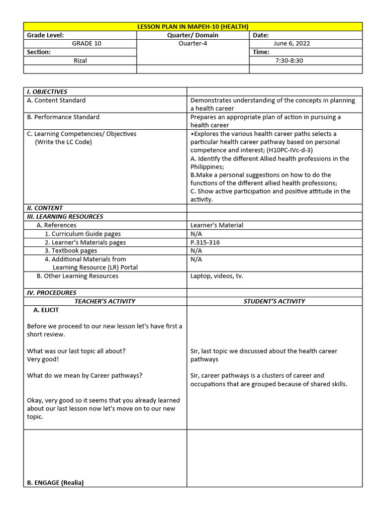 7Es Lesson Plan in PE–Health | PDF | Physical Therapy | Nursing