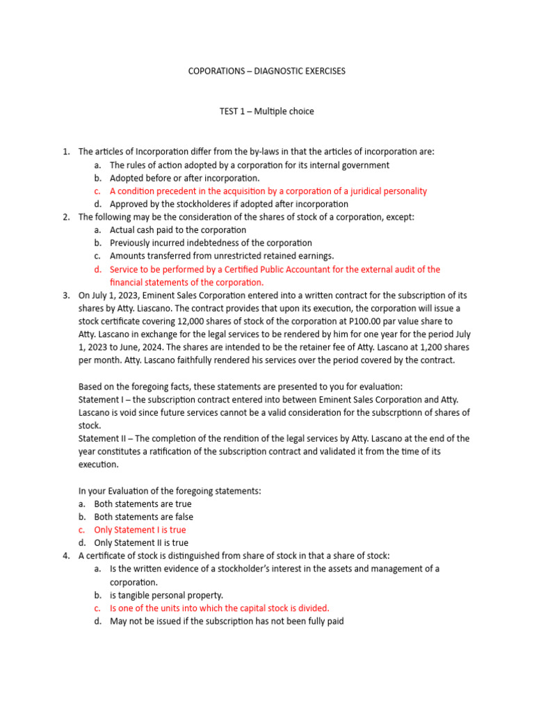 Corporations Answers To Diagnostic Exercisese Pdf Stocks