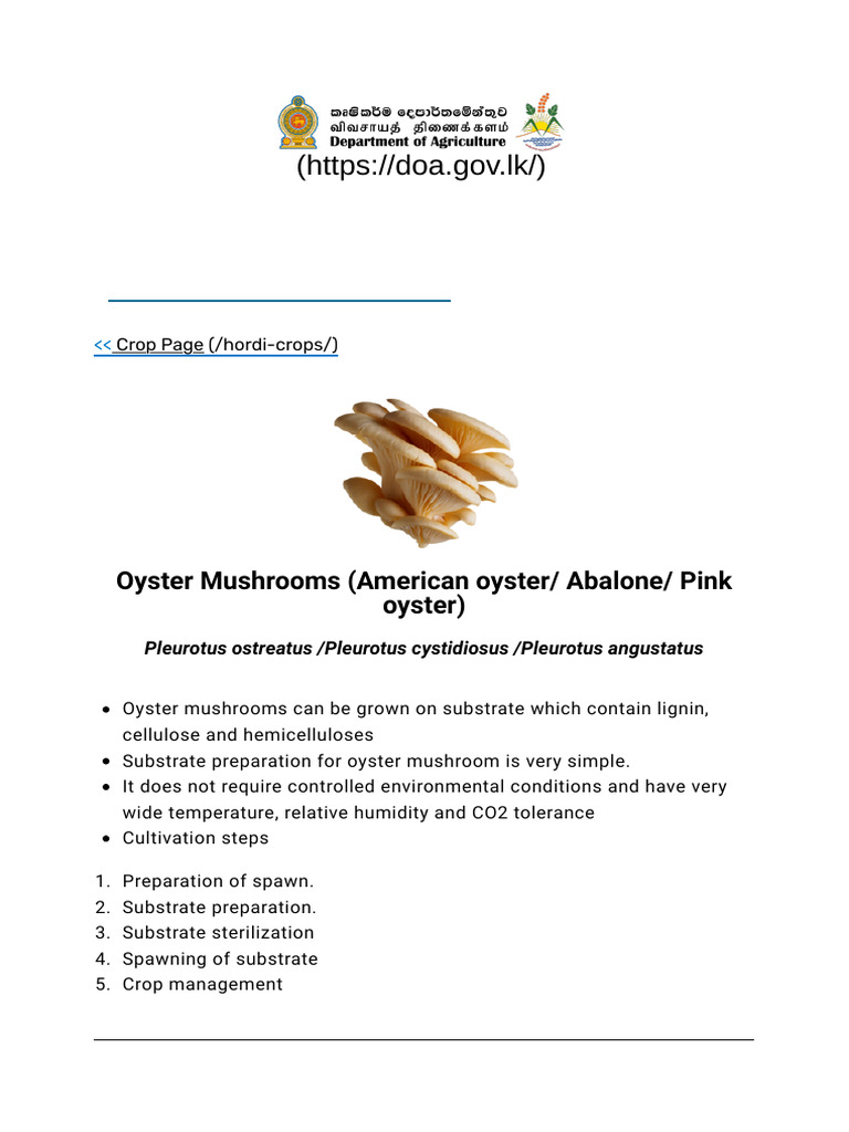 HORDI Crop - Mushroom - Department of Agriculture | PDF | Food And ...