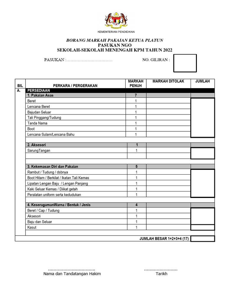 Ngo - Borang Pemarkahan Kawad Kaki Tampin 2022 | PDF